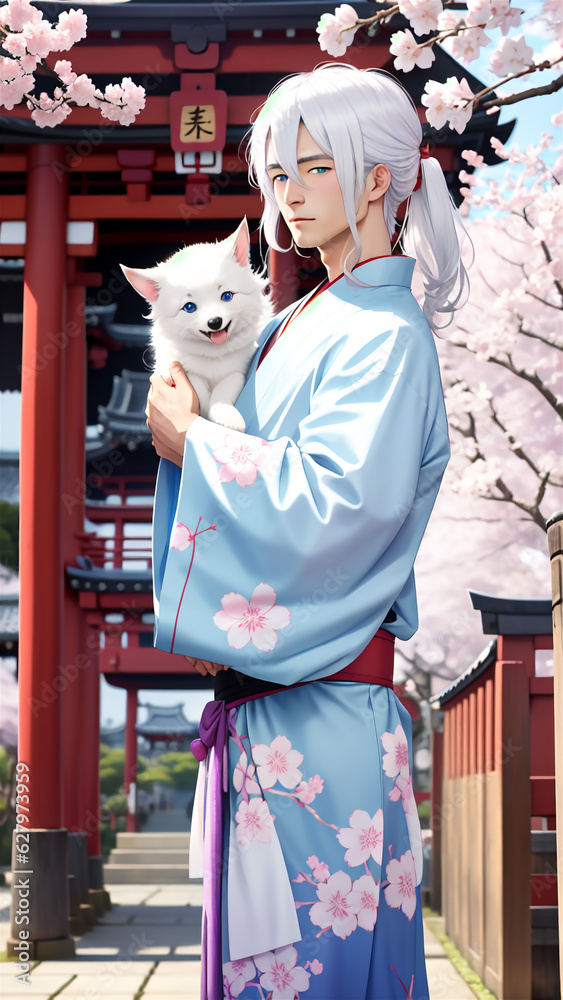 Japanese handsome anime young boy. Anime boy in white traditional dress ...