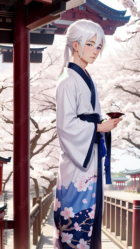 Japanese handsome anime young boy. Anime boy in white traditional dress ...