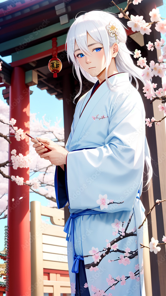 Japanese handsome anime young boy. Anime boy in white traditional dress ...