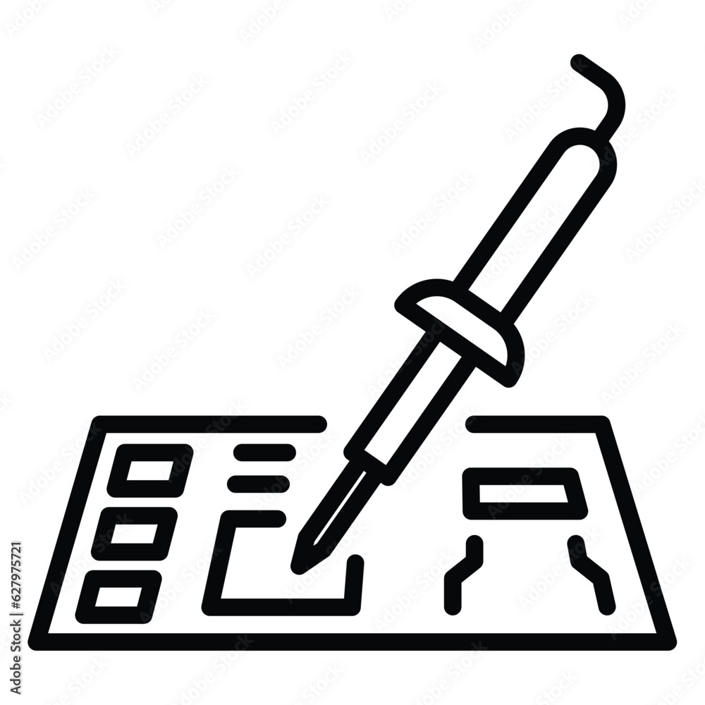 Soldering iron, vector linear black and white icon. Repairs process ...