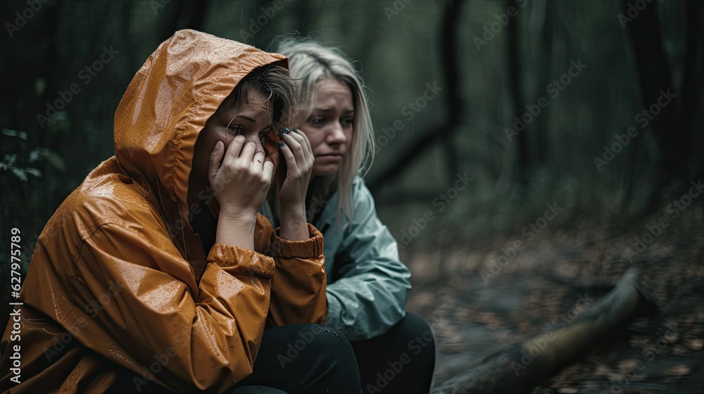 Two upset lost girls in wet gloomy forest, lonely crying women lost in ...