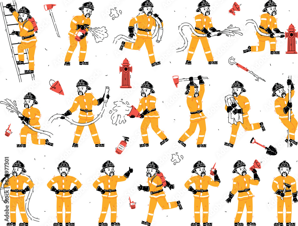 Man Firefighter Character in Helmet and Uniform Working Vector Set ...