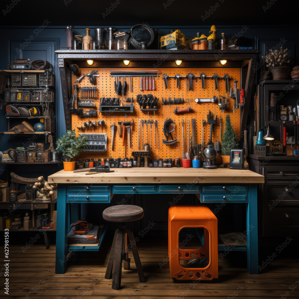 Garage workbench background pegboard wall Stock Photo | Adobe Stock