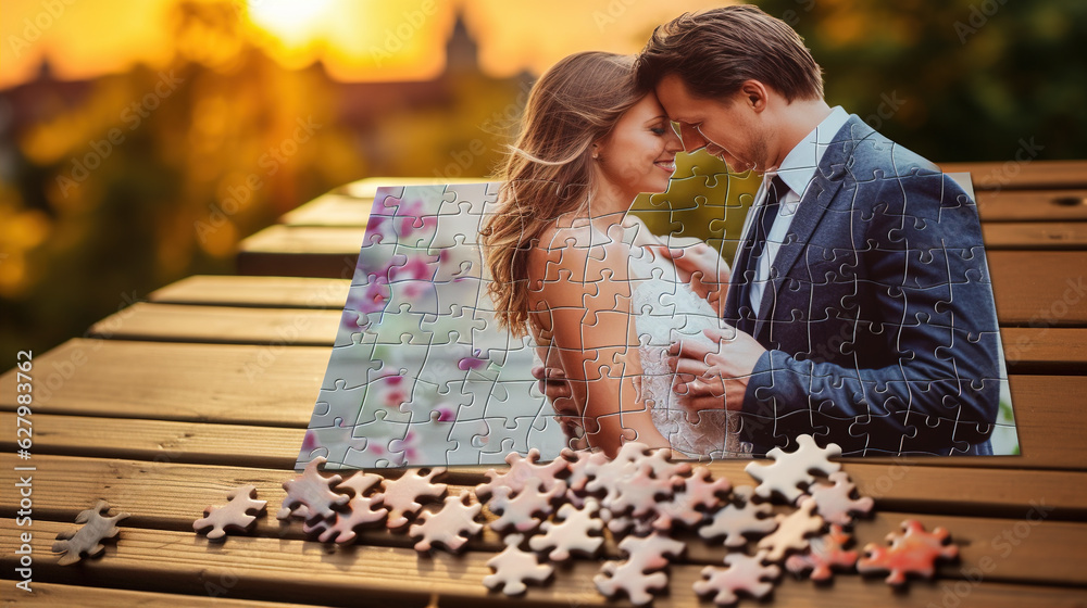 Romantic Couple's Puzzle: A close-up of a personalized jigsaw puzzle ...