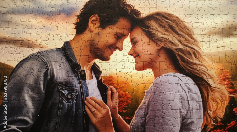 Romantic Couple's Puzzle: A close-up of a personalized jigsaw puzzle featuring a romantic photo ...