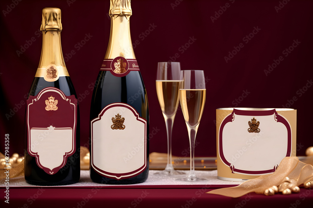Wedding royal champagne set of labels on full and mini bottle. Deep ...