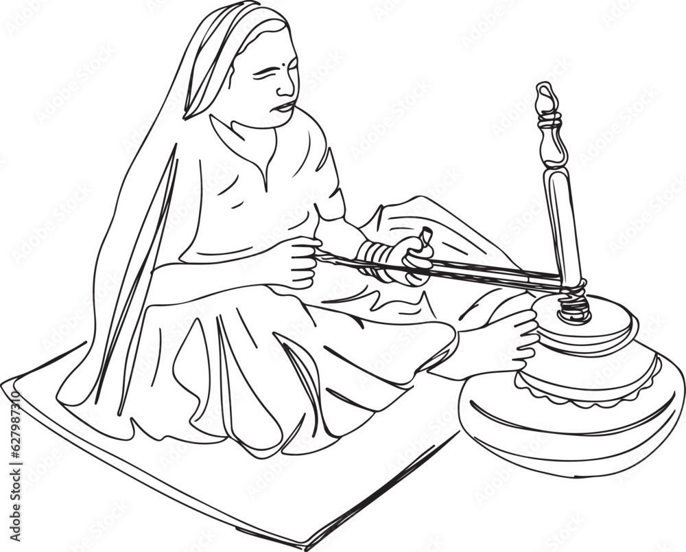 Sketch Drawing Of Village Woman Churning Curd Silhouette Of Indian Village Woman Making Curd In