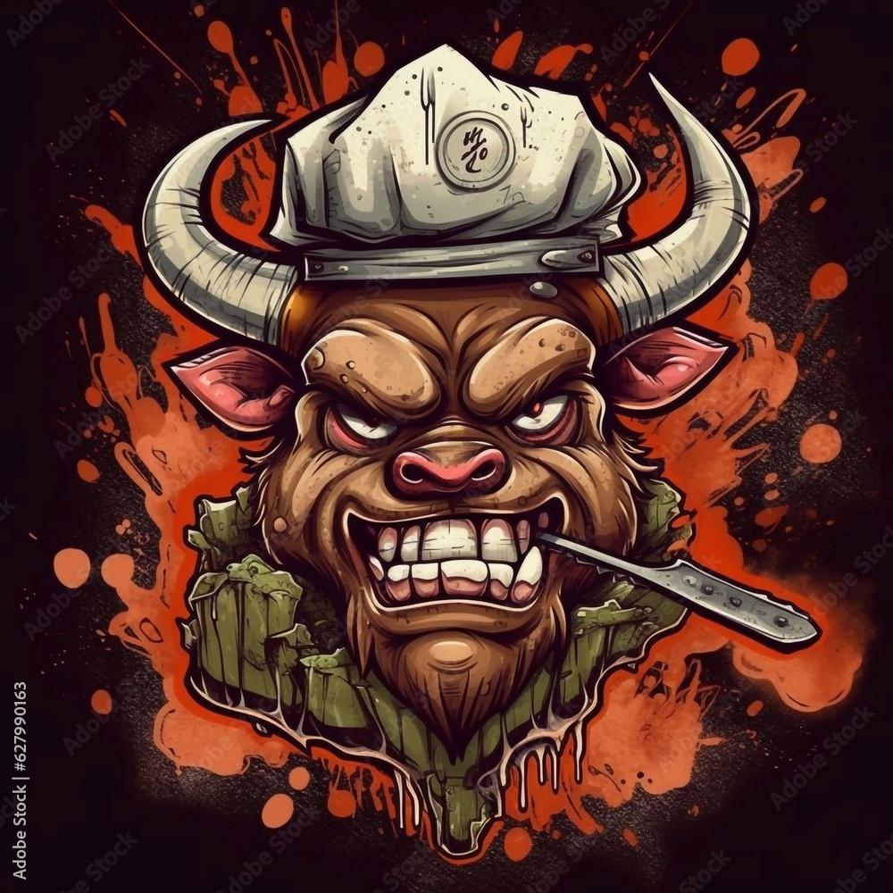 Graffiti style angry bull in white toque and scalpel in teeth on dark ...