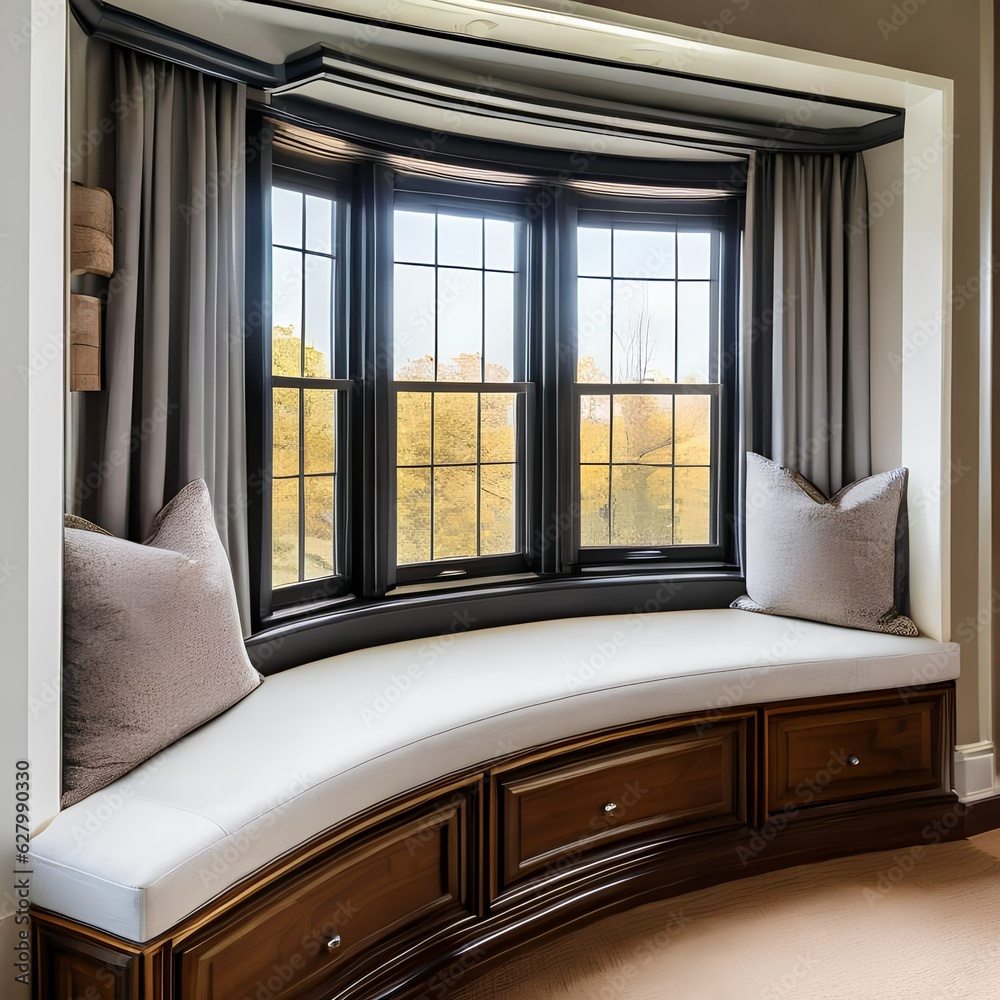 A cozy reading nook inside a bay window with built-in bookshelves and a ...