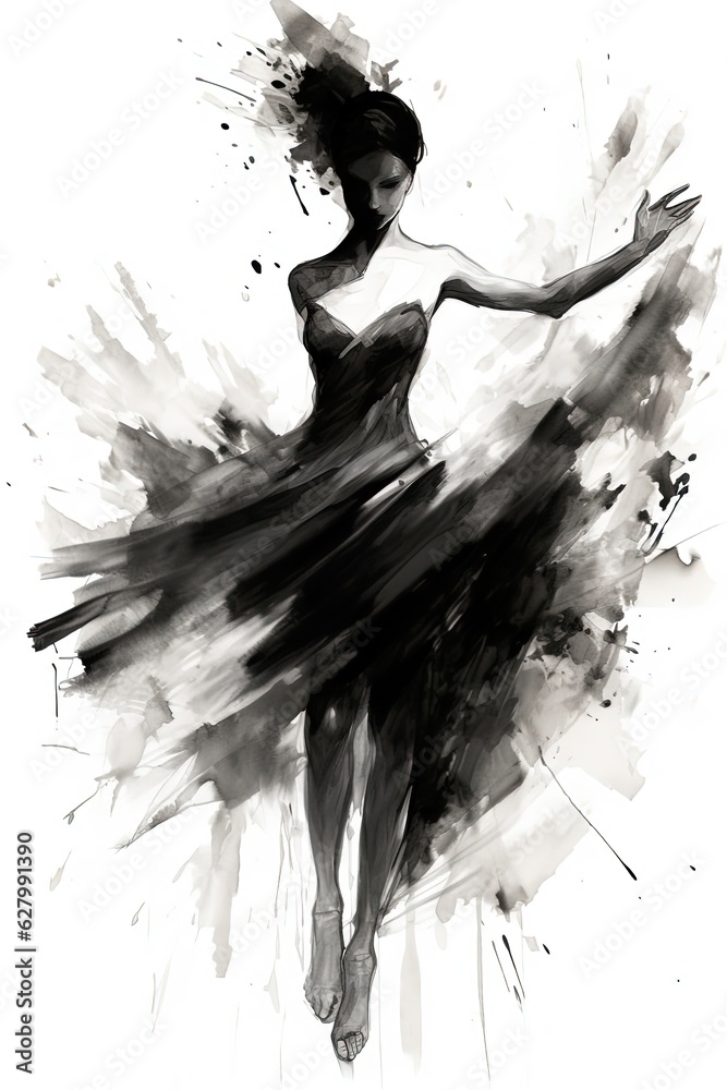 Generative AI, Beautiful dancing woman drawn by black ink or watercolor ...