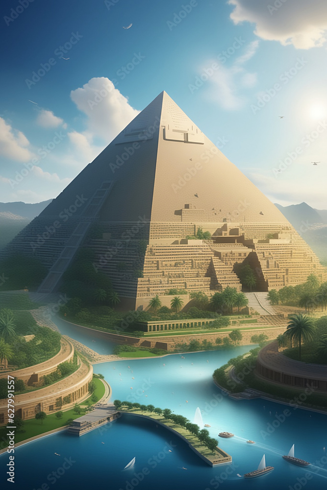 "Explore an epic celestial city with pyramid-shaped buildings. A ...