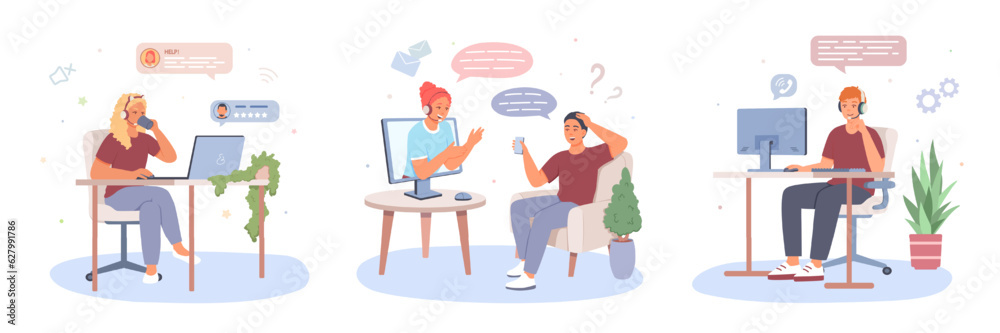 Set of different workers helping customers. Man calling to support line ...