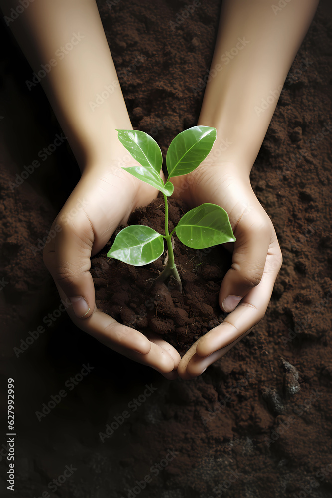 Hand holding a plant and teaching planting. and love of nature growth ...