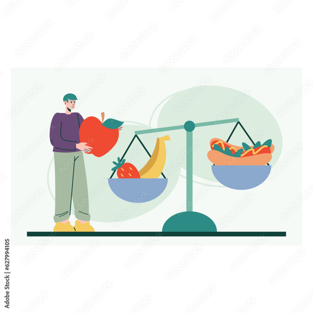 Man stands near scales and weighs vegetables and unhealthy food ...