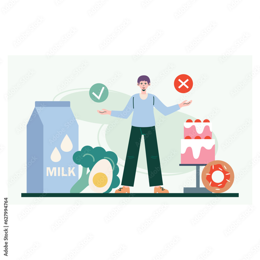 Male select between healthy and unhealthy food. Choice between dairy ...