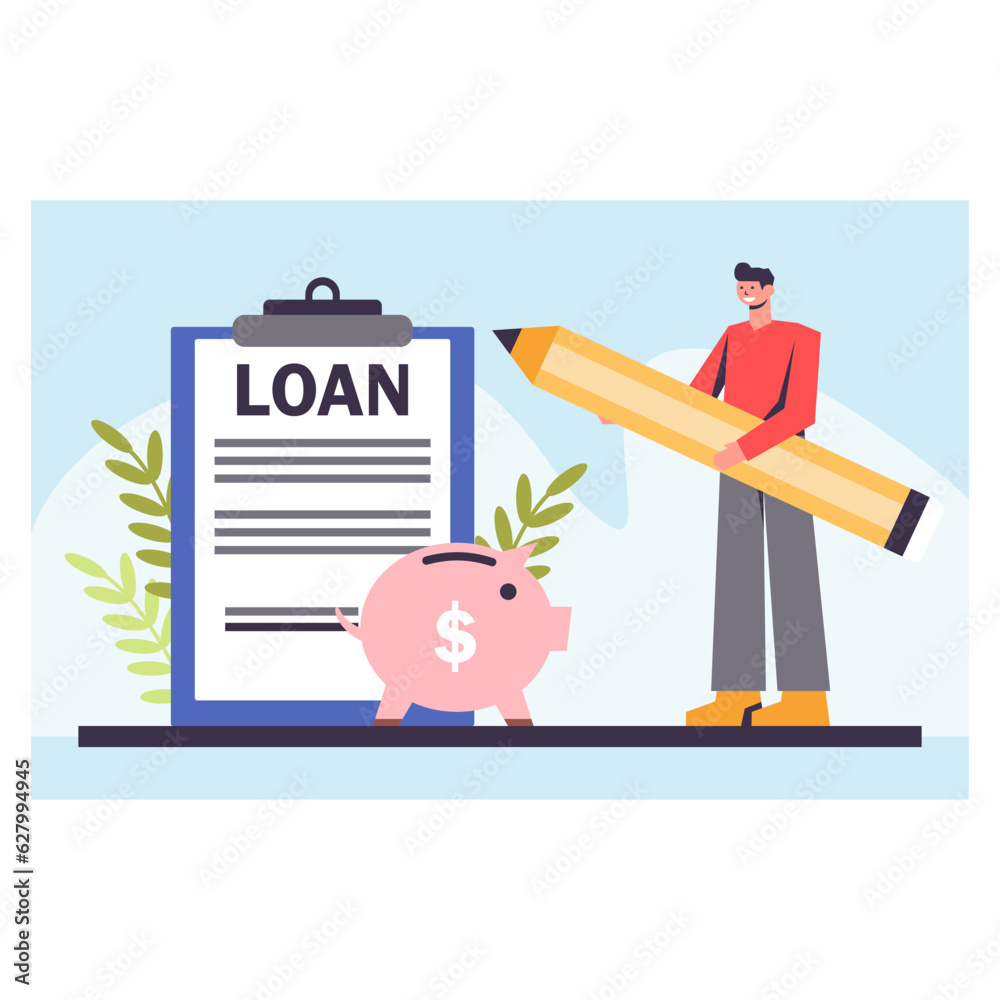 Man holding big pencil and standing near loan document and piggy bank ...