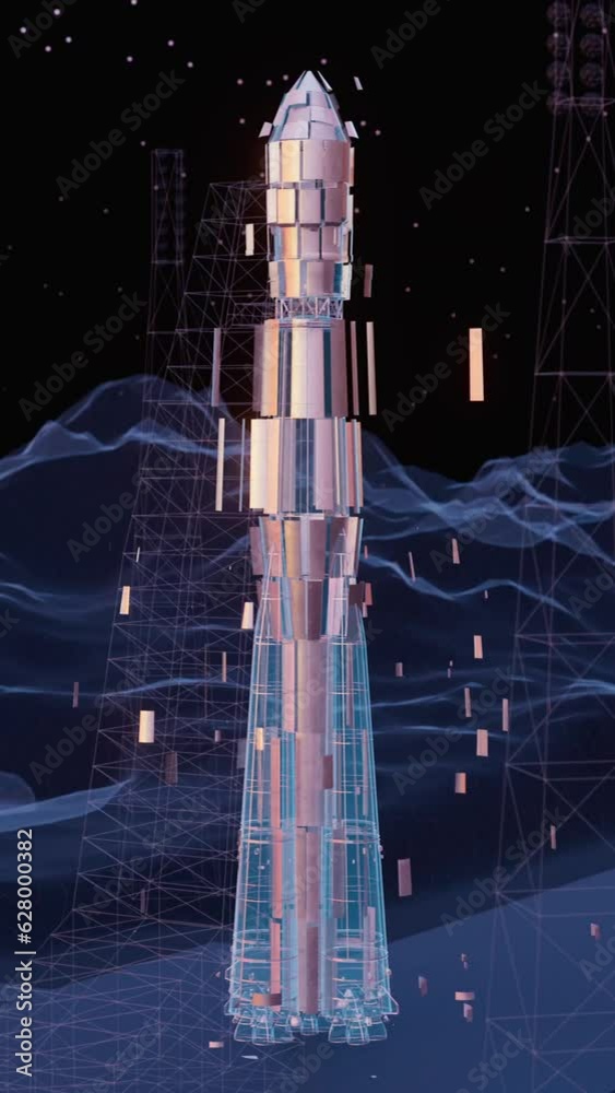 Assembling From Parts And Rocket Launch. Digitally generated video, a ...