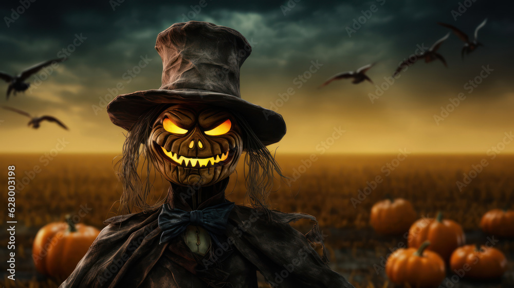 Halloween spooky pumpkin scarecrow on a wide field with the moon on a ...
