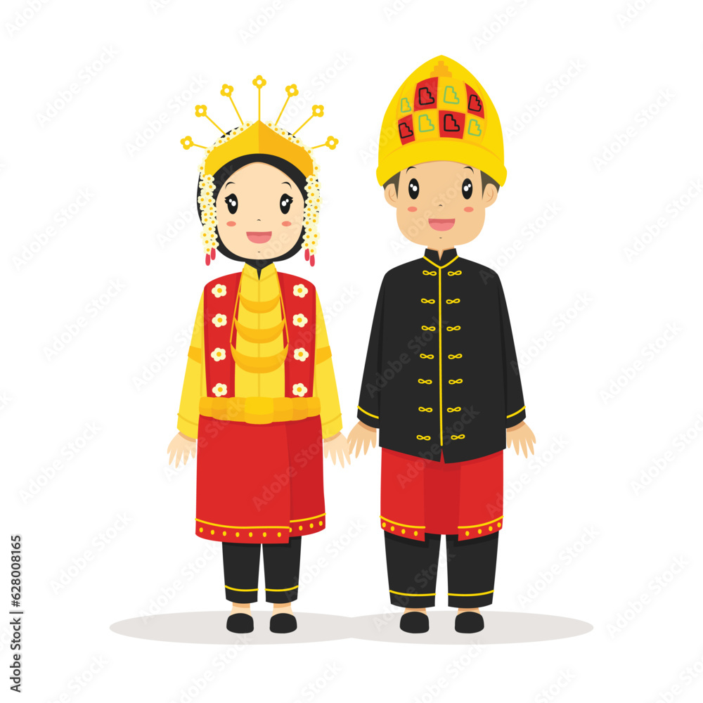 Happy couple wearing Aceh traditional dress cartoon vector. Indonesia ...