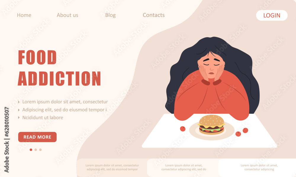 Vetor de Food addiction landing page template. Sad woman looks at ...