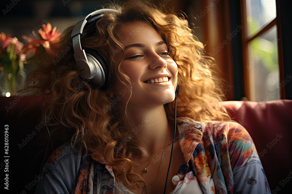 Young woman in headphones listening to music at home. Girl sitting on ...