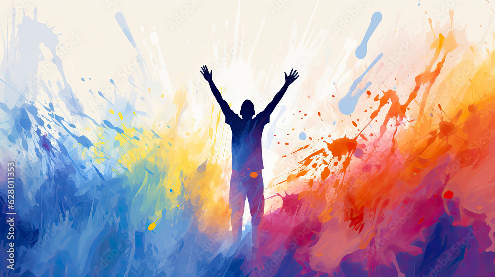 Man raises his hands to worship and praise God. Christian illustration ...