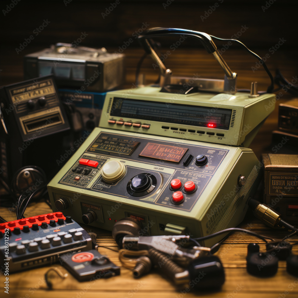 Retro technology concept. Collection of obsolete and vintage equipment ...