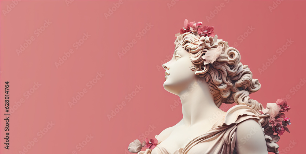 Gypsum statue of the head of Aphrodite in a pensive pose on a pastel ...