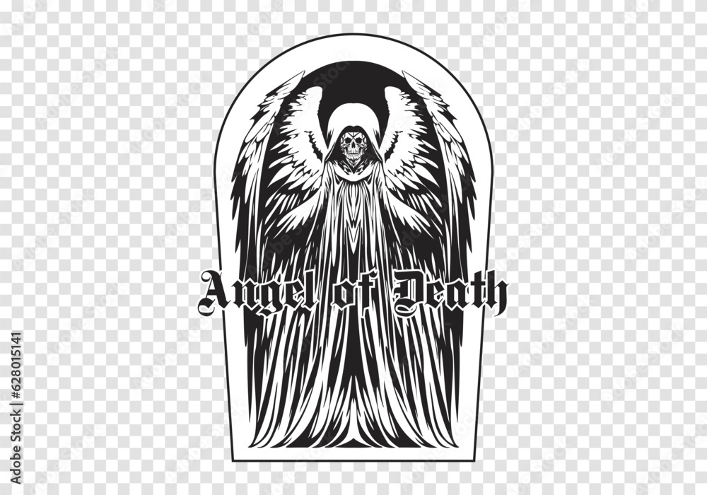 Vector black and white ink mystical sticker or emblem. Winged angel of ...