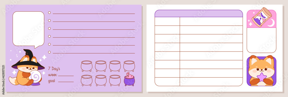 Kawaii Note pad set with fox wizard and magic stuff. Weekly Plan, To Do ...