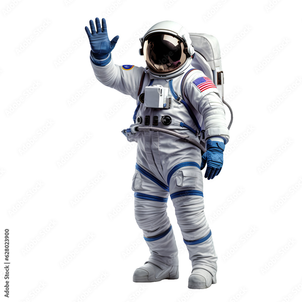 Astronaut waving hand hello or goodbye, space man in space suit wave ...