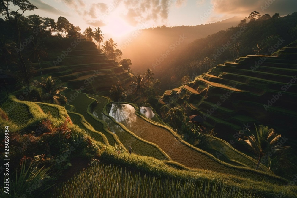 Gorgeous sunrise above Tegalalang rice terraces in Bali. Enchanting sun ...