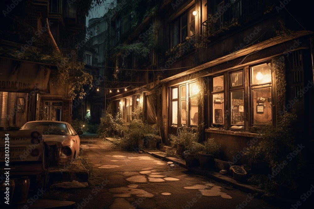 Ghetto street with abandoned buildings & lighted windows at night ...