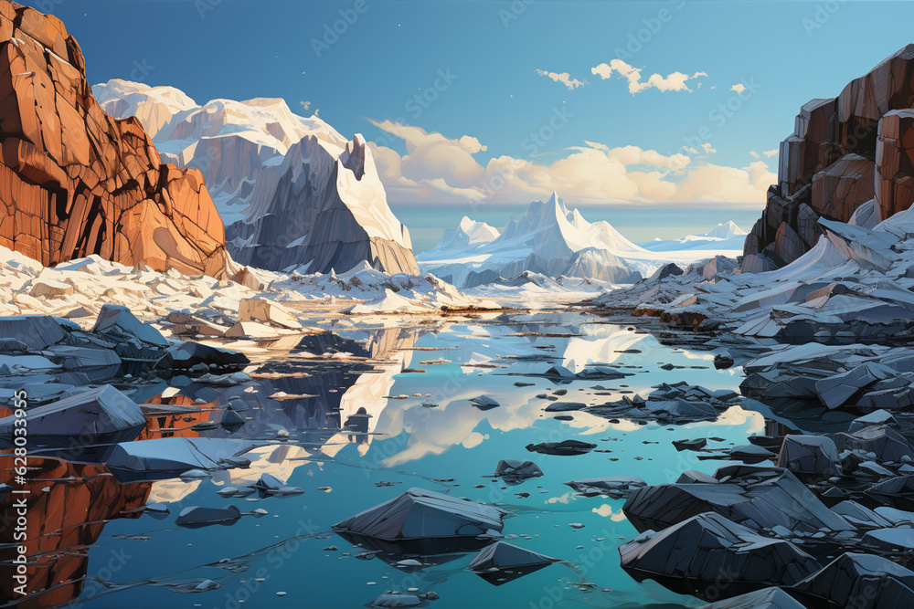 A composition of multiple icebergs, their varied shapes and sizes ...
