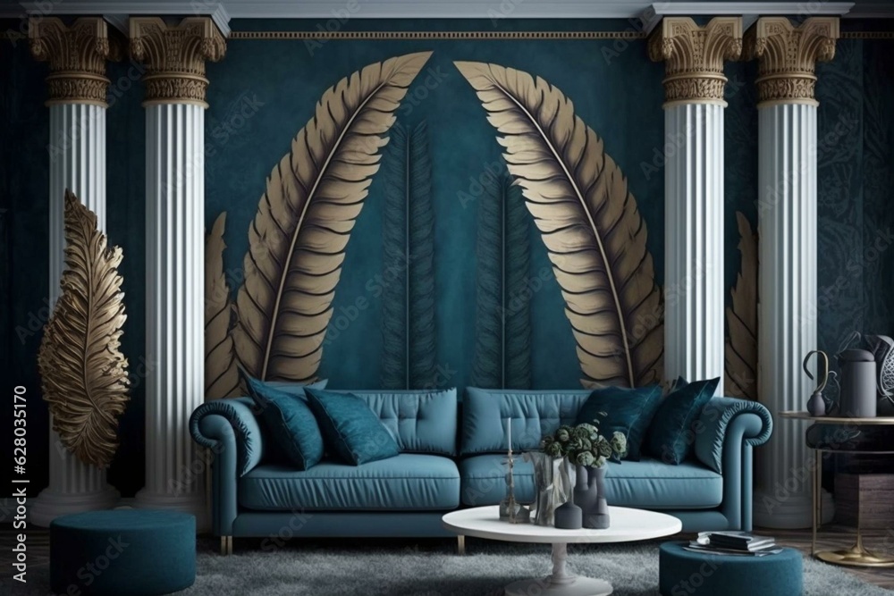 Greek-style columns with seamless feather wallpaper design for living ...