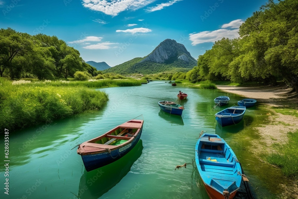 Breathtaking view of vibrant boats on Crmnica River heading to Lake ...