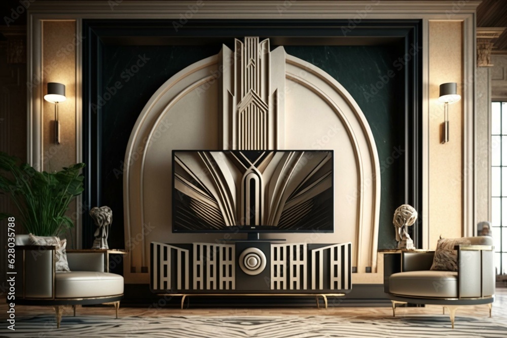 A grand TV display in a lavish art deco-style interior in a public ...