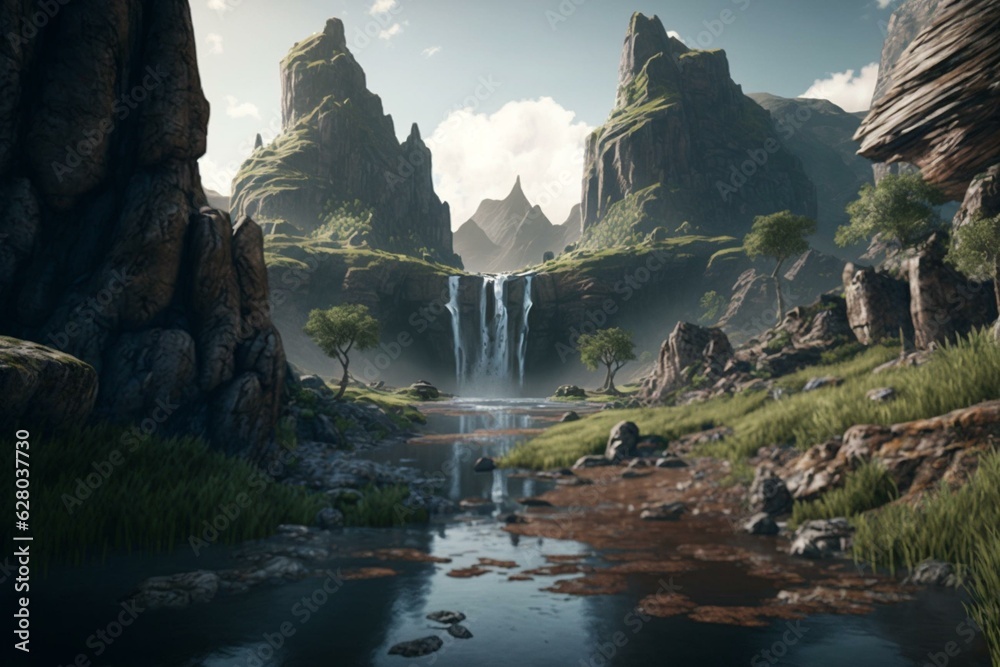 A highly detailed landscape featuring a waterfall and natural scenery ...