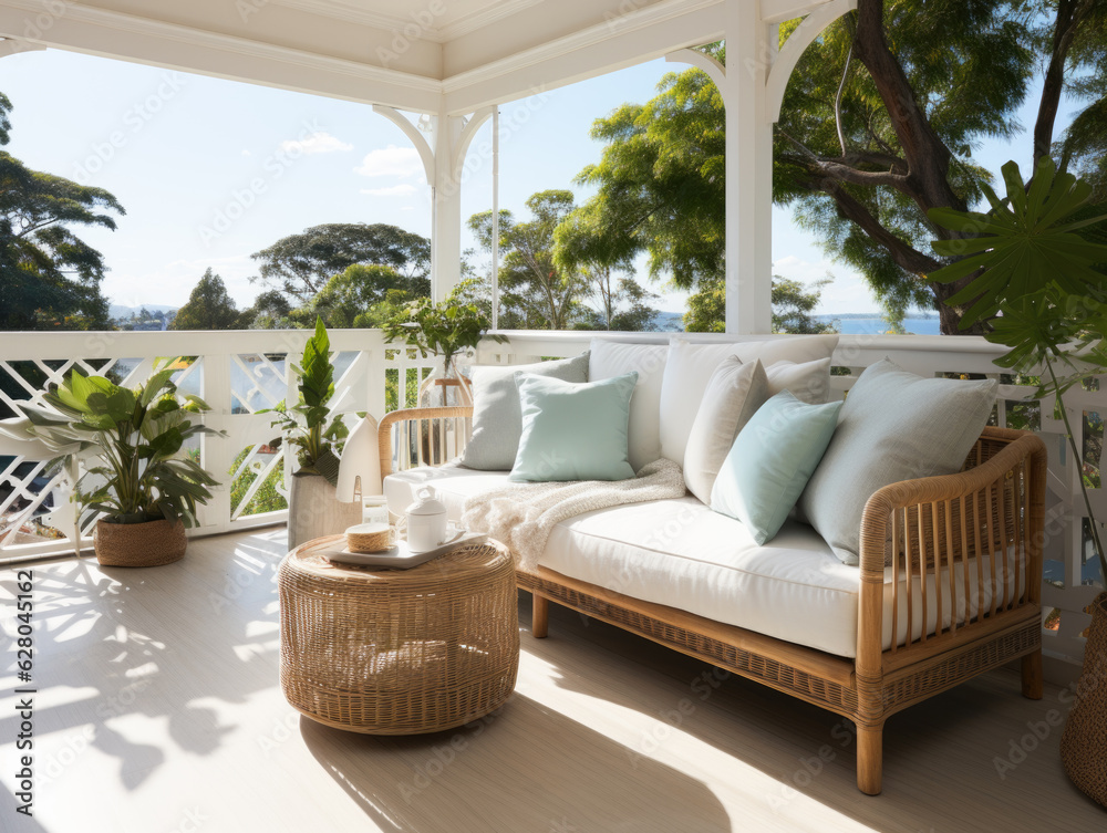 Bright and airy outdoors home with a modern white timber-style balcony ...