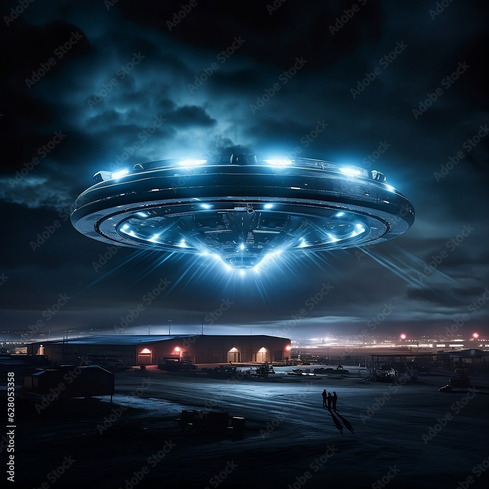 an editorial photo of an alien ship hovering above an industrial ...