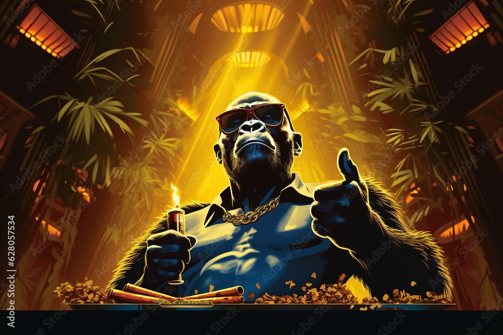 Illustration of a gangster gorilla in a hat smoking a cigar. generative ...