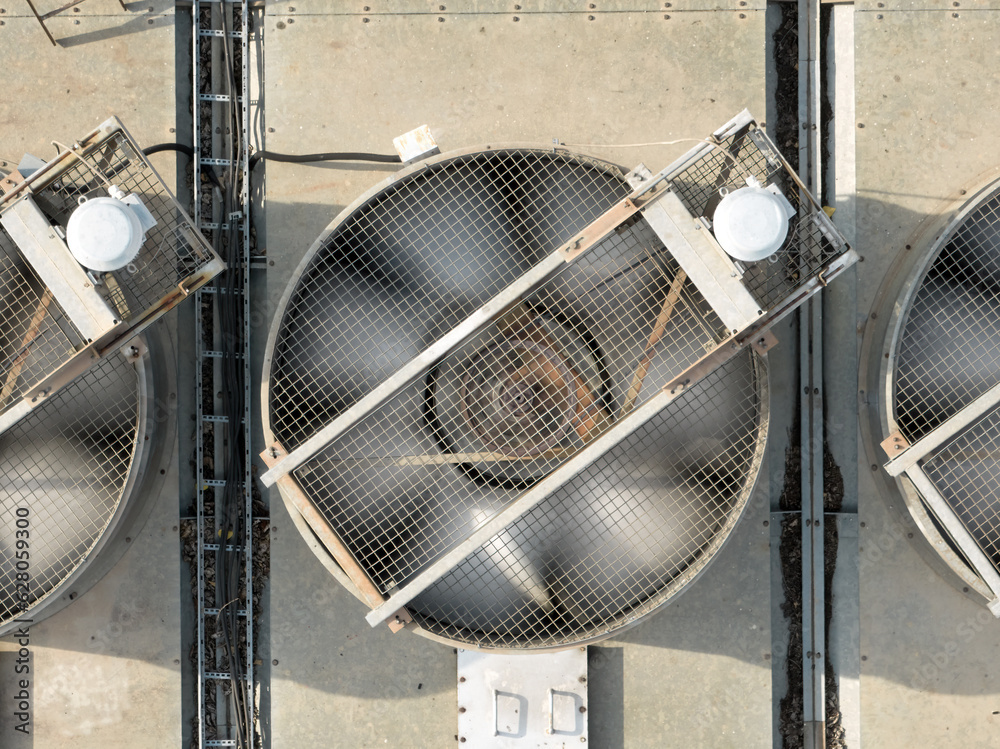 Aerial view of the cooling units of a thermal power plant. Assembly of ...