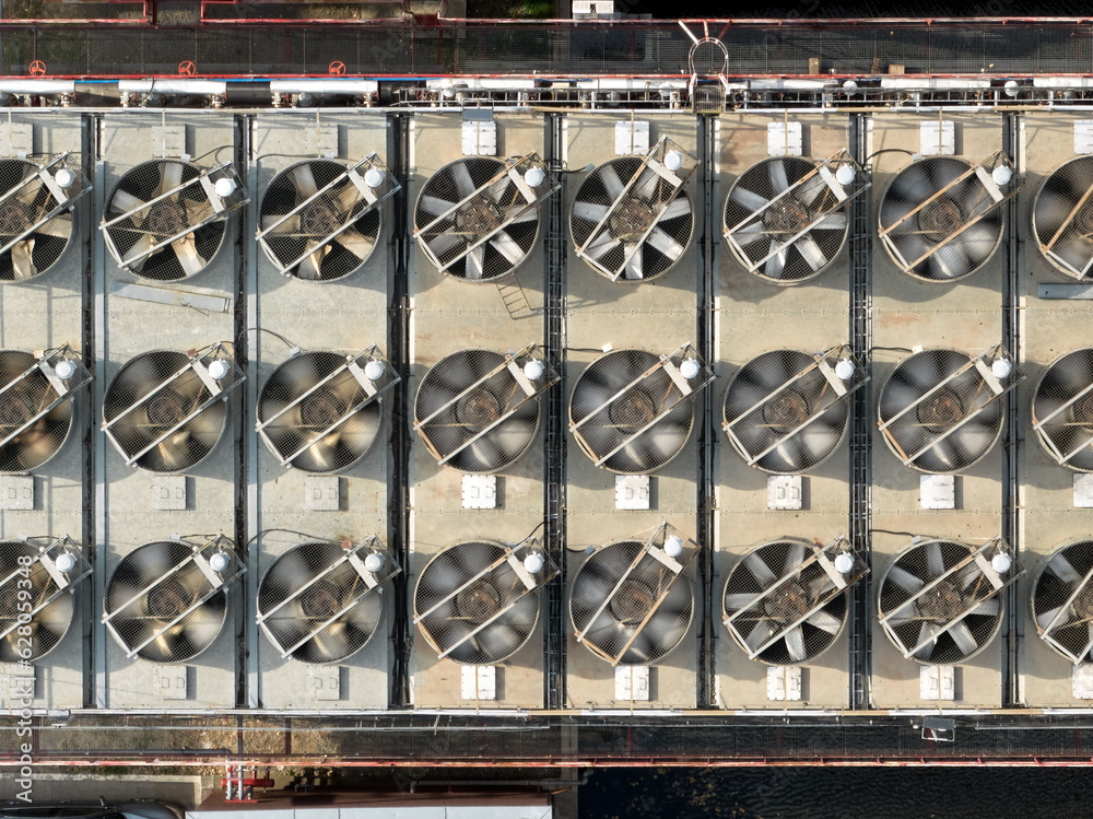 Aerial view of the cooling units of a thermal power plant. Assembly of ...
