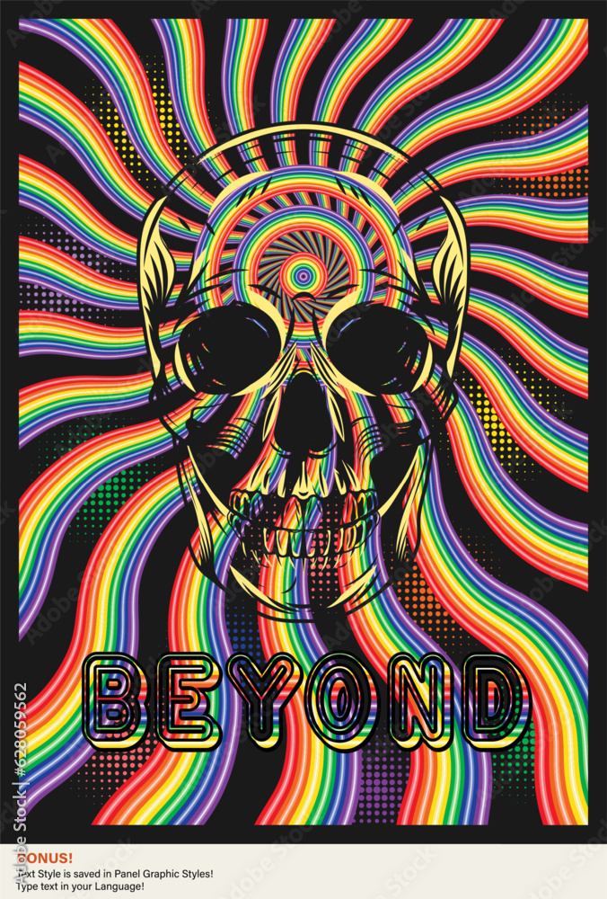 Vetor de Psychedelic hypnotic poster with black outline silhouette of ...
