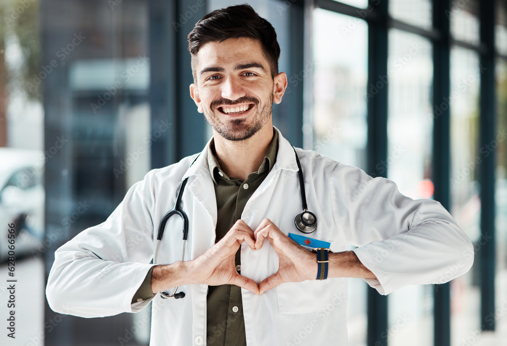 Happy portrait man, doctor and heart hands for healthcare love, medical ...