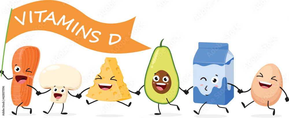 Cartoon vitamin D Fruits and vegetables , set of Cute characters ...
