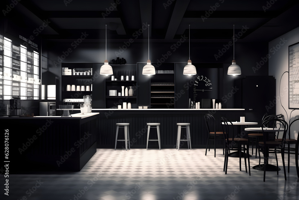 Dark bar interior with black and white walls, concrete floor, black bar ...