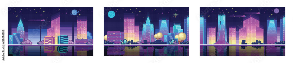 Cyberpunk neon city night. Futuristic city scene in a style of pixel ...