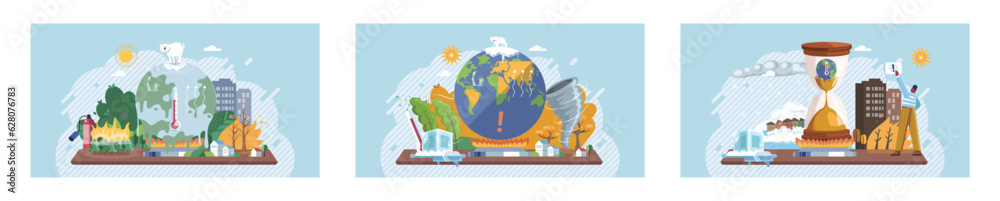 Measuring planet temperature. Global warming, greenhouse, melting ice, earth pollution and ...