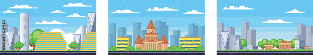City buildings. Downtown pixelated cityscape. Scenery skyline. Urban ...